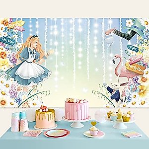 5x3 ft Alice in Wonderland Backdrop for Girls Birthday Party Decorations Floral Tea Party Easter Bunny Banner Background for Birthday Party Supplies