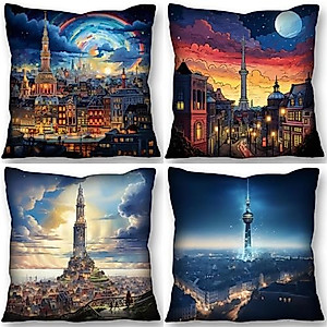 Waxonle AI-Crafted City Moon Throw Pillow Covers 70x70cm Set of 4 for Living Room Bed and Couch Soft Decorative Cushion Cases for Modern Room and Holiday Celebrations - Bedding Home Decor Clearance