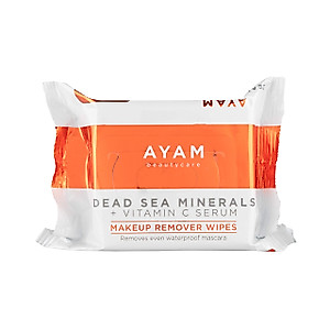 AYAM Beautycare Dead Sea Minerals + Vitamin C Serum Makeup Remover Wipes, Facial Cleansing Towelettes, Safe for Sensitive Skin, Removes Makeup, Oil, Dirt, 25 Count
