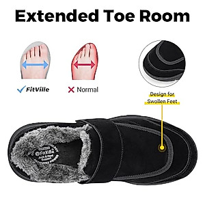 FitVille Wide Width Mens Slippers Non Slip Plush House Shoes with Adjustable Strap Indoor & Outdoor Winter Slippers with Arch Support for Foot Pain Relief