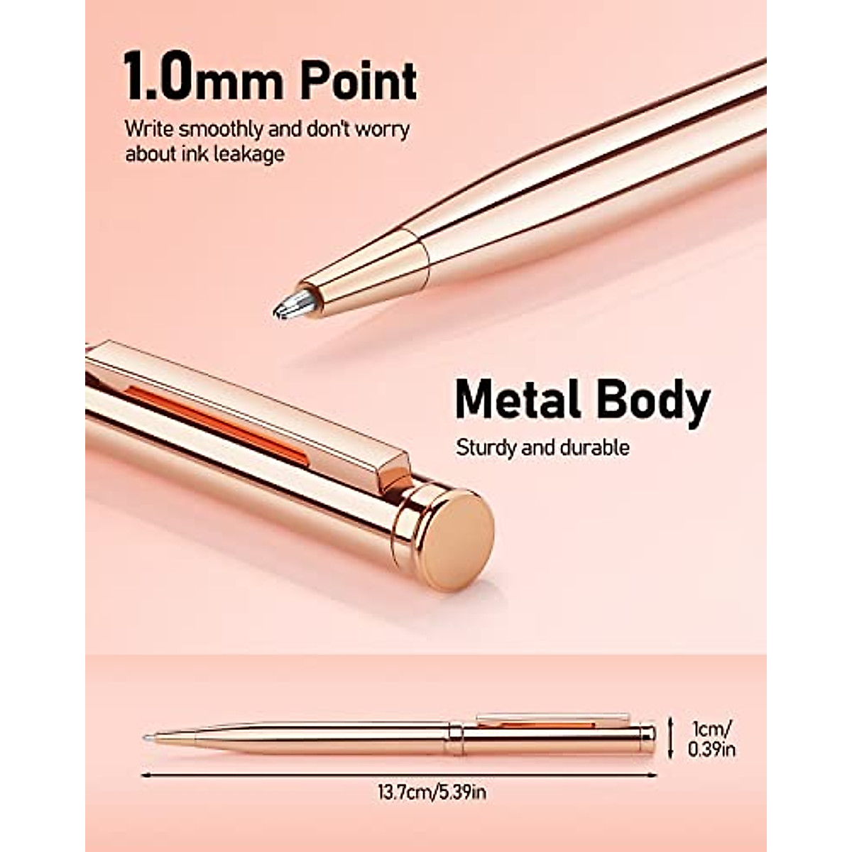 WEMATE 4Pcs Slim Retractable Ballpoint Pens, Extra 4Pcs Ink Refills in Black and Blue, Metal Pen 1.0mm Medium Point, Writing Pens with Gift Box for Office,Students, Teachers and Wedding Rose Gold