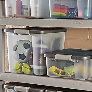 Sterilite 19363V06 25 Quart/24 Liter Shelf Tote, Clear Base with Flat Gray Lid and Latches, 6-Pack