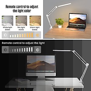 TROPICALTREE LED Desk Lamp, Swing Arm Desk Light with Clamp, 3 Lighting 10 Brightness Eye-Caring Modes, Reading Desk Lamps for Home Office 360°Spin with USB Adapter & Memory Function white-14W