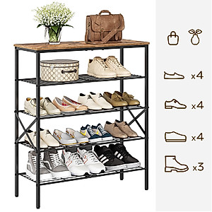 YATINEY 5-Tier Shoe Rack, Shoe Storage for Entryway and Closet, Free Standing Shoe Organizer with Metal Mesh Shelves, 16-20 Pairs of Shoes, Rustic Brown and Black SS05BR