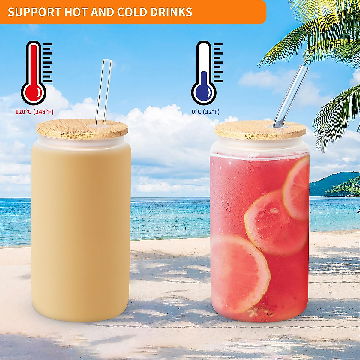 Sublimation Glass Blanks With Bamboo Lid, 16OZ Frosted Sublimation Beer Can Glass with Glass Straws Present Box Mason Jar Cups (8 PACK, Frosted)