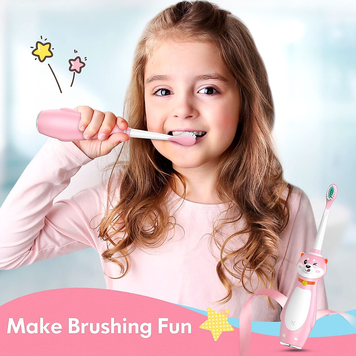 DADA-TECH Kids Electric Toothbrush Rechargeable Pink Age 3+ (Unicorn and Dog)