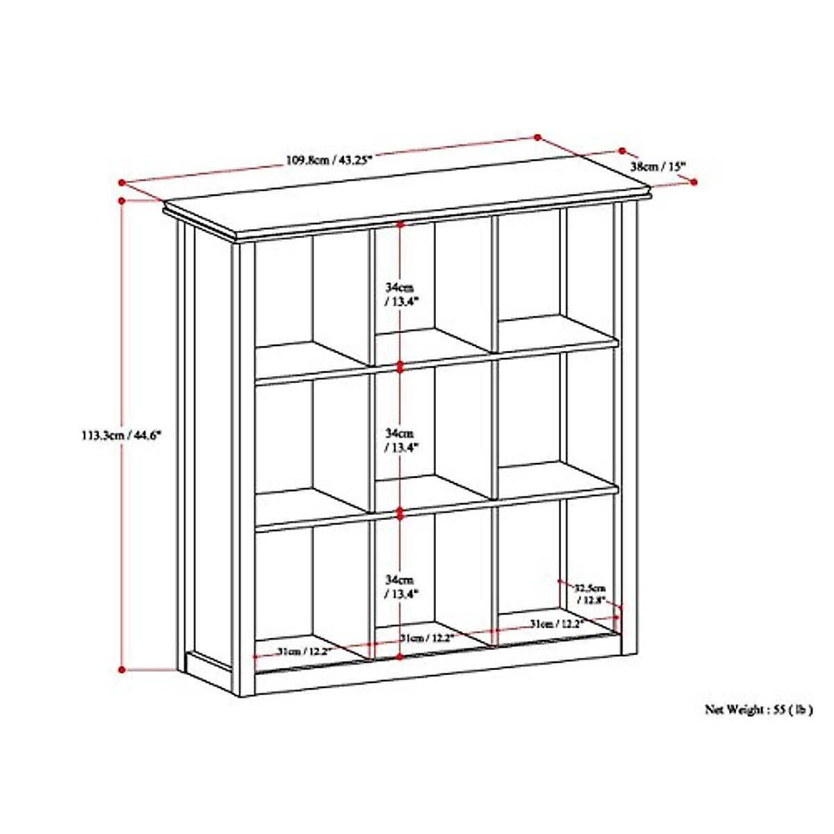 SIMPLIHOME Artisan SOLID WOOD 43 Inch Transitional 9 Cube Bookcase and Storage Unit in Russet Brown, For the Living Room, Study Room and Office