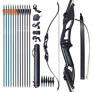 D&Q Bow and Arrow for Adults Takedown Recurve Bows Hunting Bow Archery Set Adult Longbows Kit 56" 30-50lb Right Hand Bow Aluminum Alloy Riser for Beginner and Professional Hunting Shooting（Black,50lb