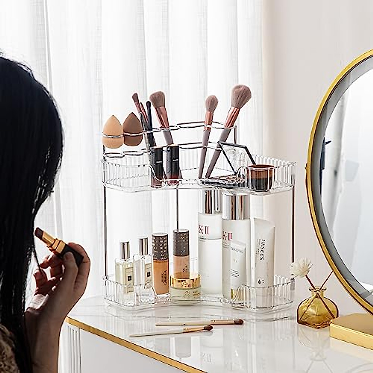 CICUFY 2-Tier Acrylic Corner Makeup Organizer Stylish Counter Organizer for Vanity and Bathroom Countertop - White Clear