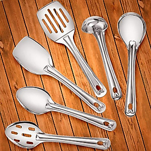 Premium 6 Piece 9" Stainless Steel Cooking & Serving Spoon Set, Includes Solid Spoon, Oval Spoon, Slotted Spoon, Ladel, Spatula & MultiServer - Heavy Gauge Durability - Modern Mirror Finish Flatware