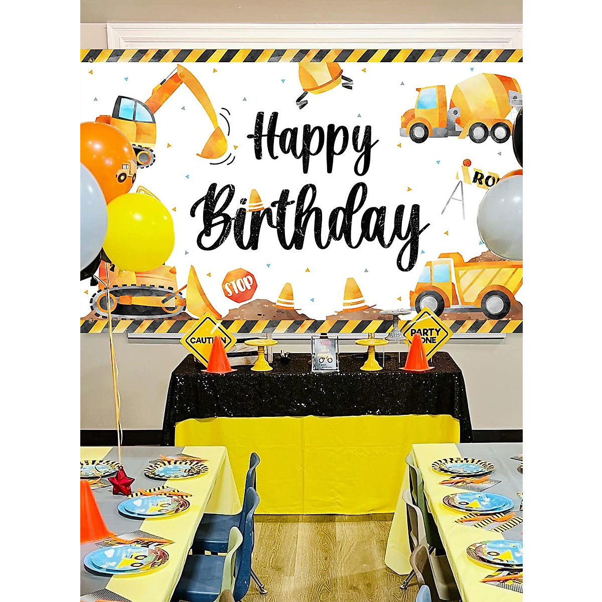 Lopeastar Construction Backdrop Banner Birthday Party Supplies, Large Size 3 x 5Ft Construction Party Decorations for Boys Yellow