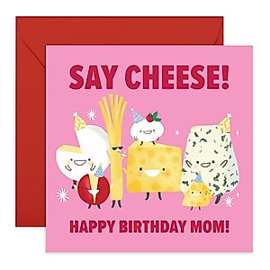 CENTRAL 23 Happy Birthday Mom Card - Say Cheese Mom - Funny Birthday Cards For Her - Food Pun Jokes Greeting Cards - Gifts For Women Mothers - Comes With Fun Stickers