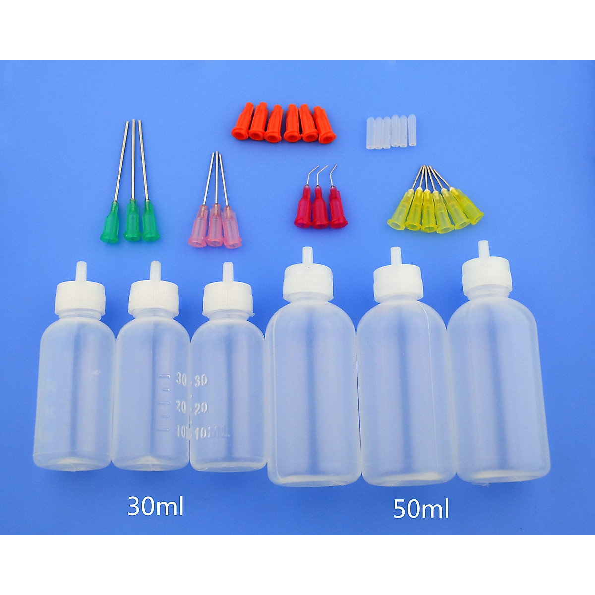 6Pcs Injection Squeeze Bottle with 15Pcs Dispensing Needles and 12Pcs Cap (30ml+50ml)