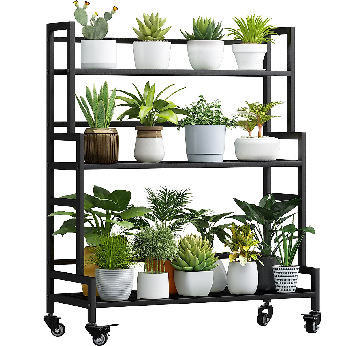 YIZAJIA Plant Stand Indoor 3 Tier Metal Outdoor Tiered Stands Shelf With wheel for Multiple Plants Potted Ladder Plant Holder Table Plant Pot Stand for Window Garden Balcony Living Room (3 Tier-Black)