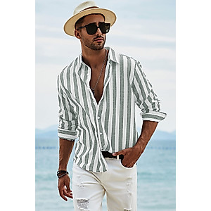 JMIERR Men's Old Money Aesthetic Cotton Linen Shirts Casual Stylish Long Sleeve Button-Up Vertical Striped Dress Shirts Summer Beach Shirt for Men, XL, Grey Green and White Stripe