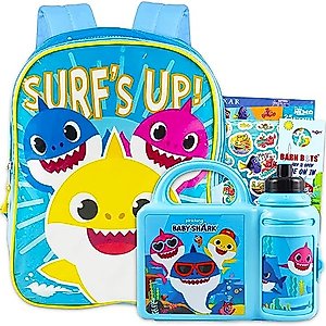 Fast Forward Baby Shark Backpack with Lunch Box Set - Baby Shark Backpack for Kids, Baby Shark Lunch Box, Water Pouch, Stickers, More | Baby Shark Backpack Kids