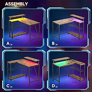 Bestier Small L Shaped Desk with Charging Port & LED Strip,Modern Computer Desk with Reversible Storage Shelves,Corner Desk with Hooks for Bedroom Office Studio Workstation,Rustic Brown