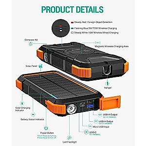 BLAVOR Magnetic Wireless Power Bank, PD 18W QC3.0 Fast Charging Qi 10W Wireless Solar Charger 20000mAh Battery Pack, 4 Outputs 2 Inputs, Flashlight, Compass, Compatible with iPhone 14/13/12 Series