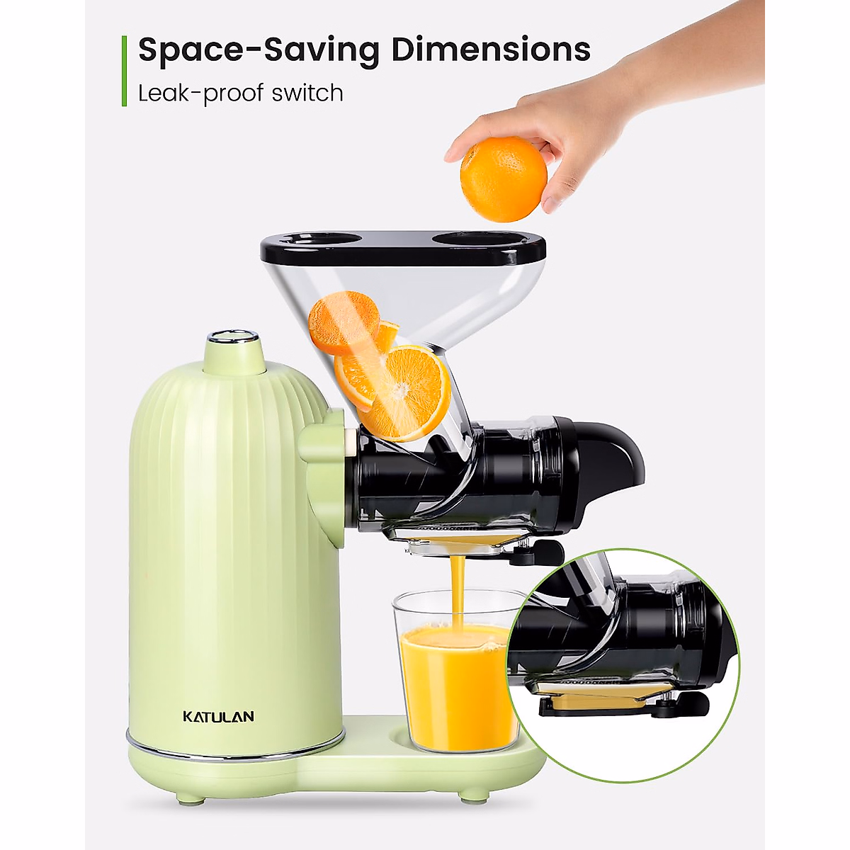 Katulan Compact Slow Juicer, Cold Press Juicer Machines with Auto-adjustable Speed for Nutrient & Vitamin Dense Fruits and Vegetables, Easy Clean Masticating Juicer with Reverse Function