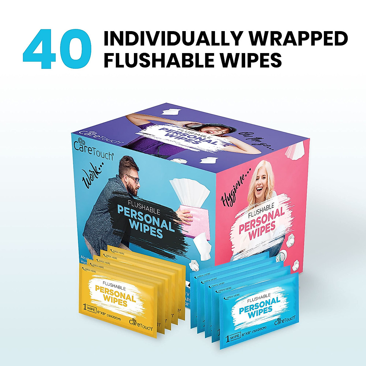 Care Touch Flushable Wipes Kids & Adults - Wet Wipes for Men & Women - Individually Wrapped, Disposable Wet Wipes for Body, Toilet, Bathroom& More - 2 Packs of 40 (80 Individual Wipes, Travel Wipes)