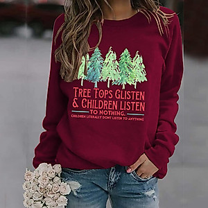 MLZHAN Women Christmas Trees Sweatshirts Tree Tops Glisten Children Listen Sweatshirt Crewneck Long Sleeve Shirt (Wine red,L,Large)