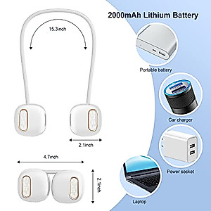 Apatner Portable Neck Fan, Wearable Personal Fans, Bladeless Neck Cooler Hands Free Mini USB Fan 3 Speeds Rechargeable Cooling Fan with LED Lights for Travel Desk Women(White)