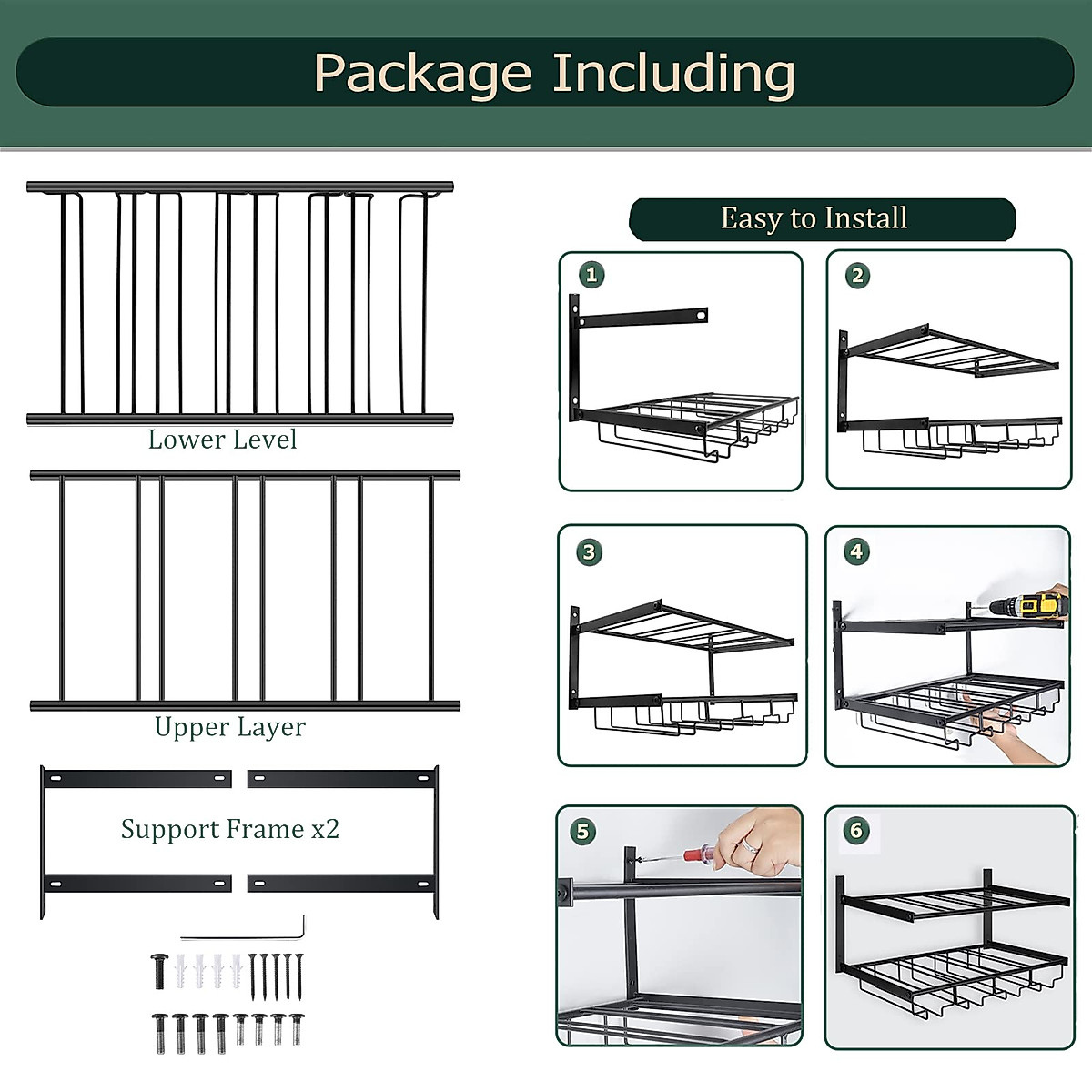 Wine Rack Wall Mounted, Wall Wine Rack with Wine Glasses Rack Horizontal Wine Storage Floating Rack Holds 8 Stemware & 8 Wine Bottles, Sturdy Wall Wine Holder for Kitchen Dining Room Bar Decoration