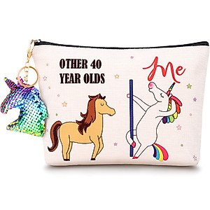 Hicarer Birthday Cosmetic Bag Birthday Makeup Bag and Unicorn Flip Sequin Keychain for Women, Mom, Wife, Friend, Sister, Her, Colleague, Coworker (40th Print)