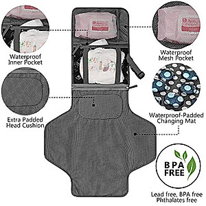 TILLYOU Portable Changing Pad, Baby Travel Changing Pad for Diaper Bag, Diaper Changing Mat with Foam Head Pillow and Extra Pockets, Baby Stuff for Newborn, Baby Shower Gifts (Star Rocket)