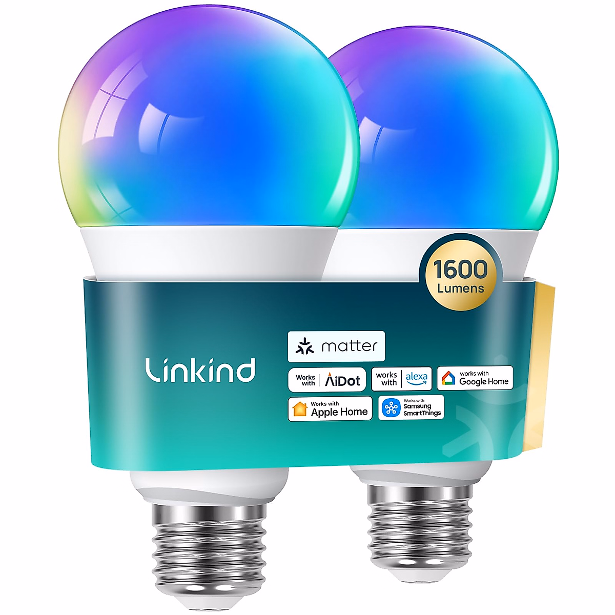 Linkind Matter Smart Light Bulb,1600LM 100W Smart Bulbs Work with Alexa/Apple Home/Google Home/SmartThings, RGBTW LED Color Changing Bulbs Music Sync, 2.4GHz Wi-Fi Light Bulbs LED 11W, A21 E26, 2Pack