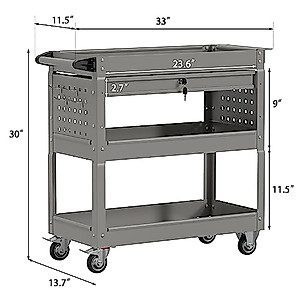 MOOLINCO 3 Tier Rolling Tool Cart with a Lockable Drawer and 4 Universal Wheels, Removable Tool Cart, Large Storage Capacity Tool Cart on Wheels, Suitable for Garage or Warehouse(New Grey)
