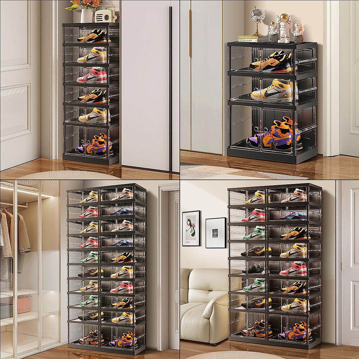 EHAMILY 6 Tiers 6-12 Pairs Foldable Shoe Boxes Large Plastic Shoe Storage Rack Collapsible Shoe Organizer for Closet Clear Stackable Shoes Shelf Storage Cabinet with Doors Quick Assembly Black