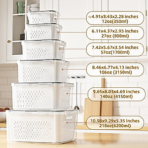6 Pcs Large Fruit Containers For Fridge, Airtight Food Storage Containers with Removable Colander, Dishwasher & Microwave Safe, Berry Produce Container Keep Vegetable, Fruit, Meat Fresh Longer