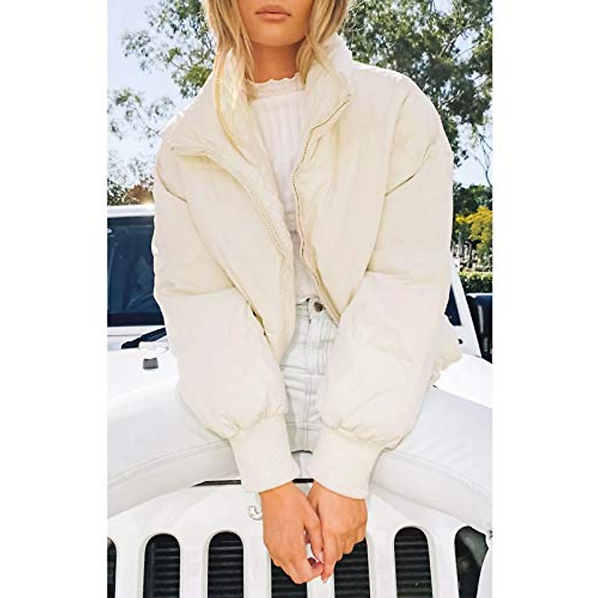 MEROKEETY Women's Winter Long Sleeve Zip Puffer Jacket Baggy Short Down Coats