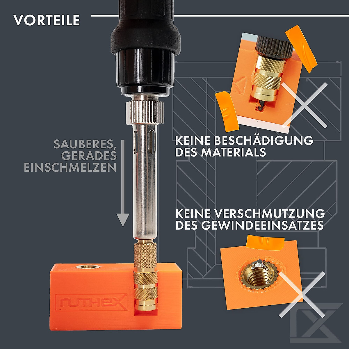 ruthex 7X Soldering Tips/Heat-Set Insert Tips - Threaded Inserts M2 / M2.5 / M3 / M4 / M5 / M6 / 1/4" / M8