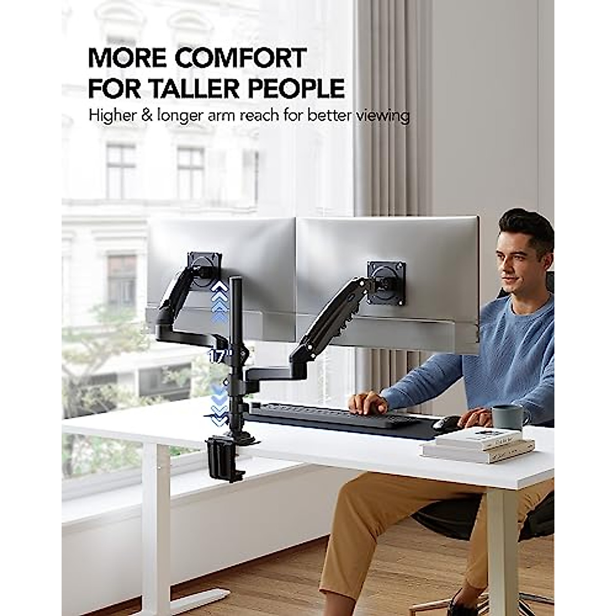 HUANUO 13-32 Inch Dual Monitor Stand, Gas Spring Dual Monitor Mount, Monitor Stand 2 Monitors, Ergonomic Adjustable Tilt/Swivel/Rotate, Weight Max 20 lbs, VESA 75/100mm