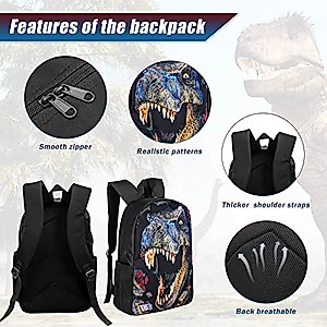 Cool 3D Printing Dinasaur School Backpack For Boys Girls School Book Bags + Pen Bag + Lunch Bag (Dinasaur School Backpack A)