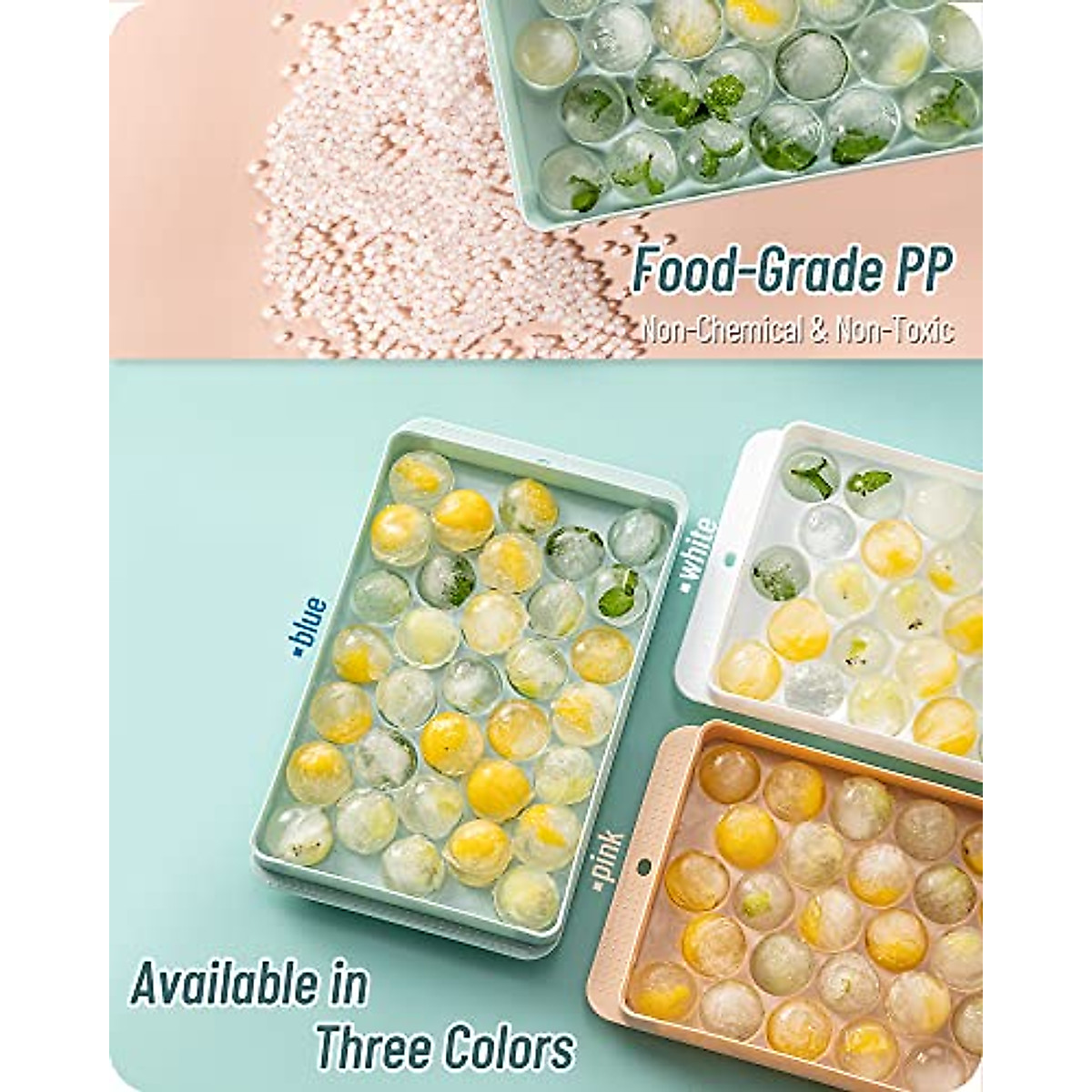 ICEDIVER Ice Cube Tray, Round Ice Trays for Freezer with Lid and Bin, Circle Ice Mold Making 66 x 1.0IN Small Ice Balls,Sphere Ice Makers with Ice Buckets Tongs & Scoop (Pink)