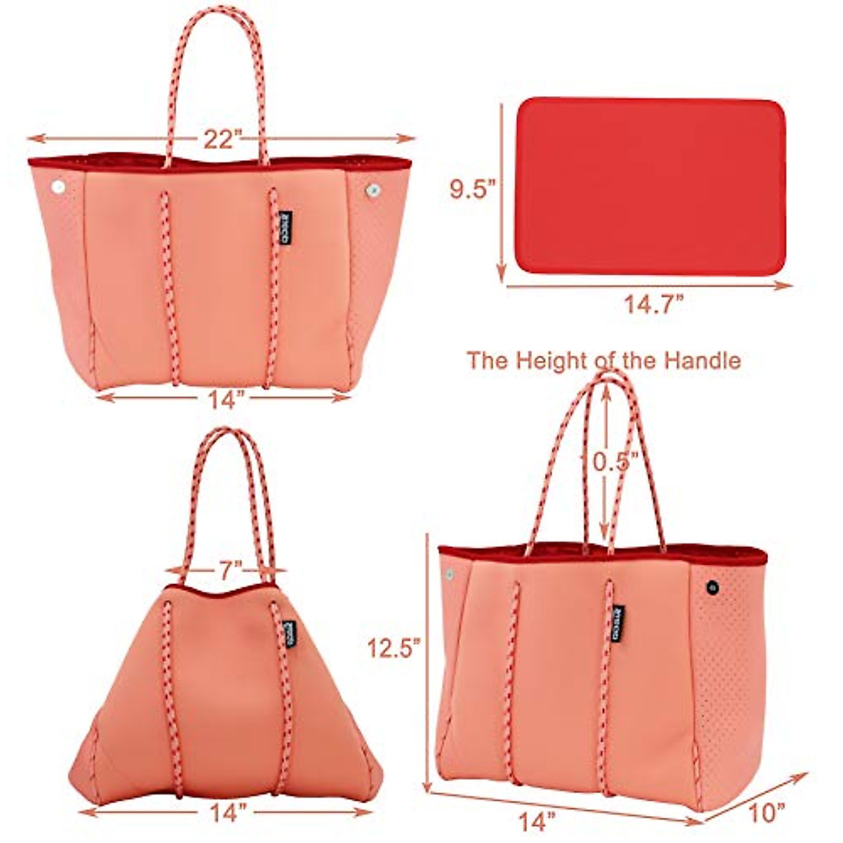 QOGiR Neoprene Multipurpose Beach Bag Tote with Inner Zipper Pocket (Coral, Large)