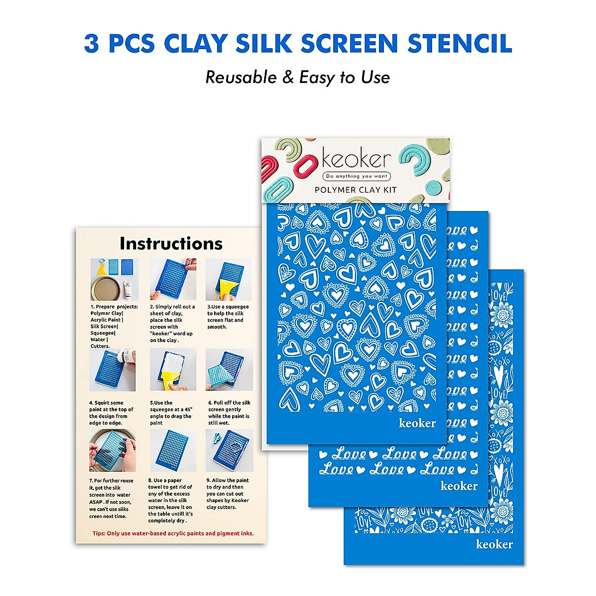 KEOKER Valentines Silk Screen Stencils for Polymer Clay, Valentines Silk Screen for Polymer Clay, 3PCS Valentine Silk Screen Polymer Clay, Heart Pattern Polymer Clay Stencil (Heart)