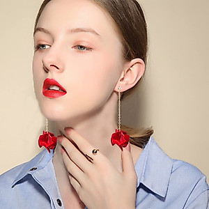 Just Follow Dangle Acrylic Petal Tassel Fringe Chain Earrings Long Drop Rose Flower Statement Earrings for Women With Box (Red)