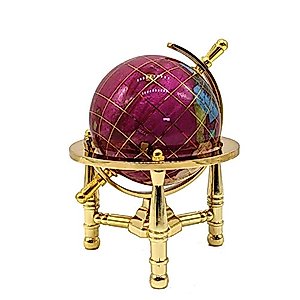 Unique Art 6-Inch Tall Pink Rubilite Pearl Swirl Ocean Mini Table Top Gemstone World Globe with Gold Tripod