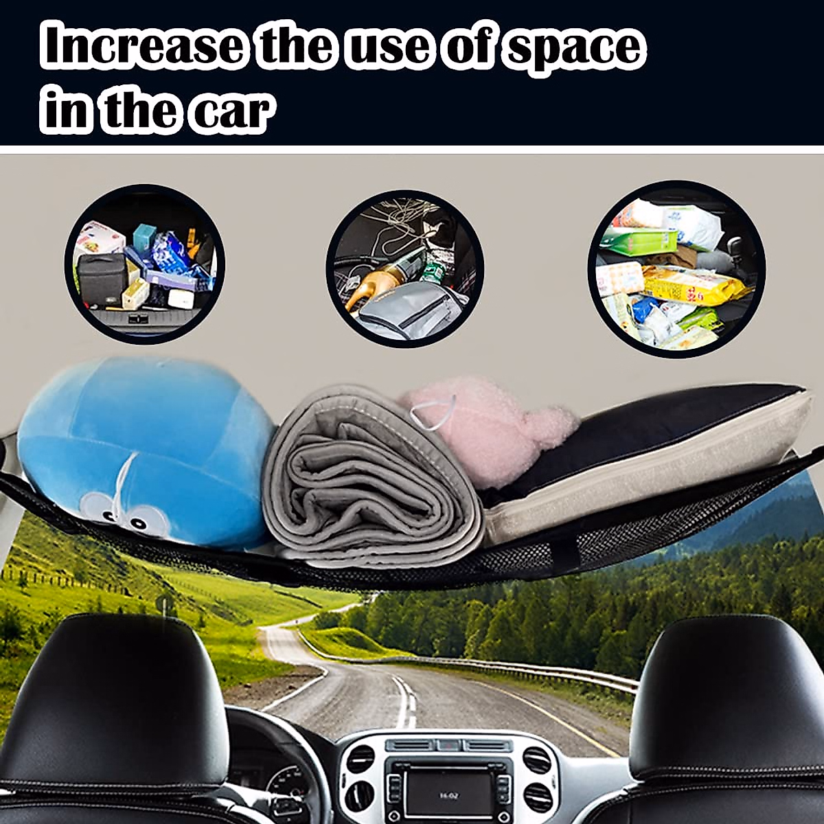 Improve Version Car Ceiling Cargo Net Pocket with Zip,Reinforced Webbing&Double Layers Cargo Carrier,Universal Road Trip Essentials Car Organizers and Storage for Tent,Toy,Quilts