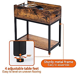 AMHANCIBLE End Table Living Room with Charging Station, Narrow Nightstand with USB Ports & Power Outlets, Slim Bedside Table for Small Spaces, Bedroom, Rustic Brown HET04LDBR1