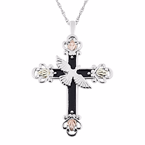 Antiqued Dove Cross Necklace, Sterling Silver, 12k Green and Rose Black Hills Gold 18 Inches