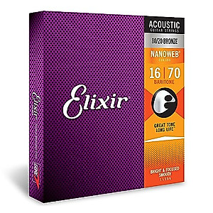 Elixir Strings, Acoustic Guitar Strings, 80/20 Bronze with NANOWEB Coating, Longest-Lasting Bright and Focused Tone with Comfortable Feel, 6 String Set, Baritone 16 - 70