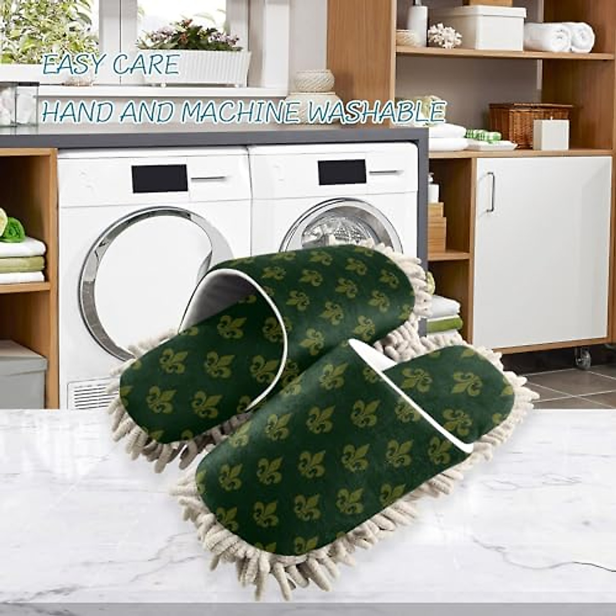 FLildon Microfiber Cleaning Slippers Mardi Gras Green Washable Mop Shoes Slipper for Men/Women House Floor Dust Cleaner, Size L
