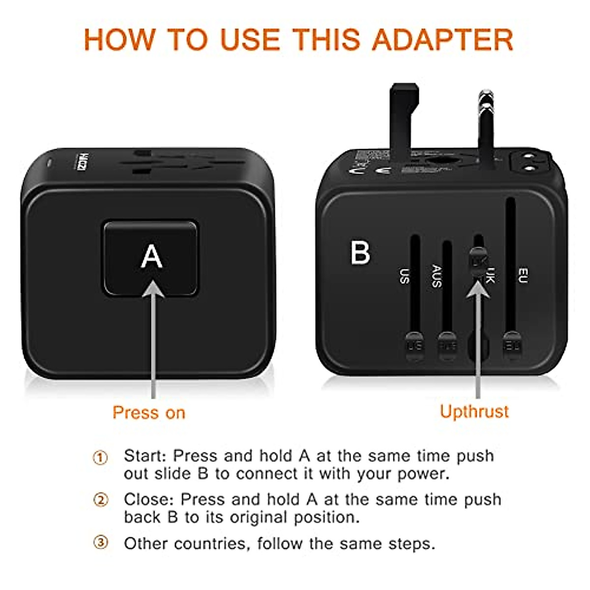 Travel Adapter, HAOZI Universal Travel Adapter - 3 USB + 1 Type C in One Travel Charger with UK/US/AUS/EU Plugs and Socket, International Power Adapter Wall Charger (Black)