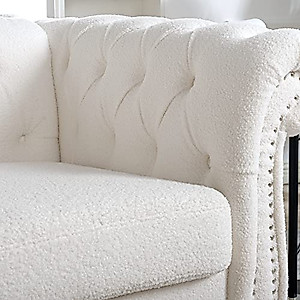 39" Chesterfield Single Sofa Chair Acrylic Crystal Leg Teddy Fabric Upholstered 1 Seater Sofa with Tufted Back,Roll Arm Settee Couches for Living Room Furniture (White + Polyester, Single Sofa)