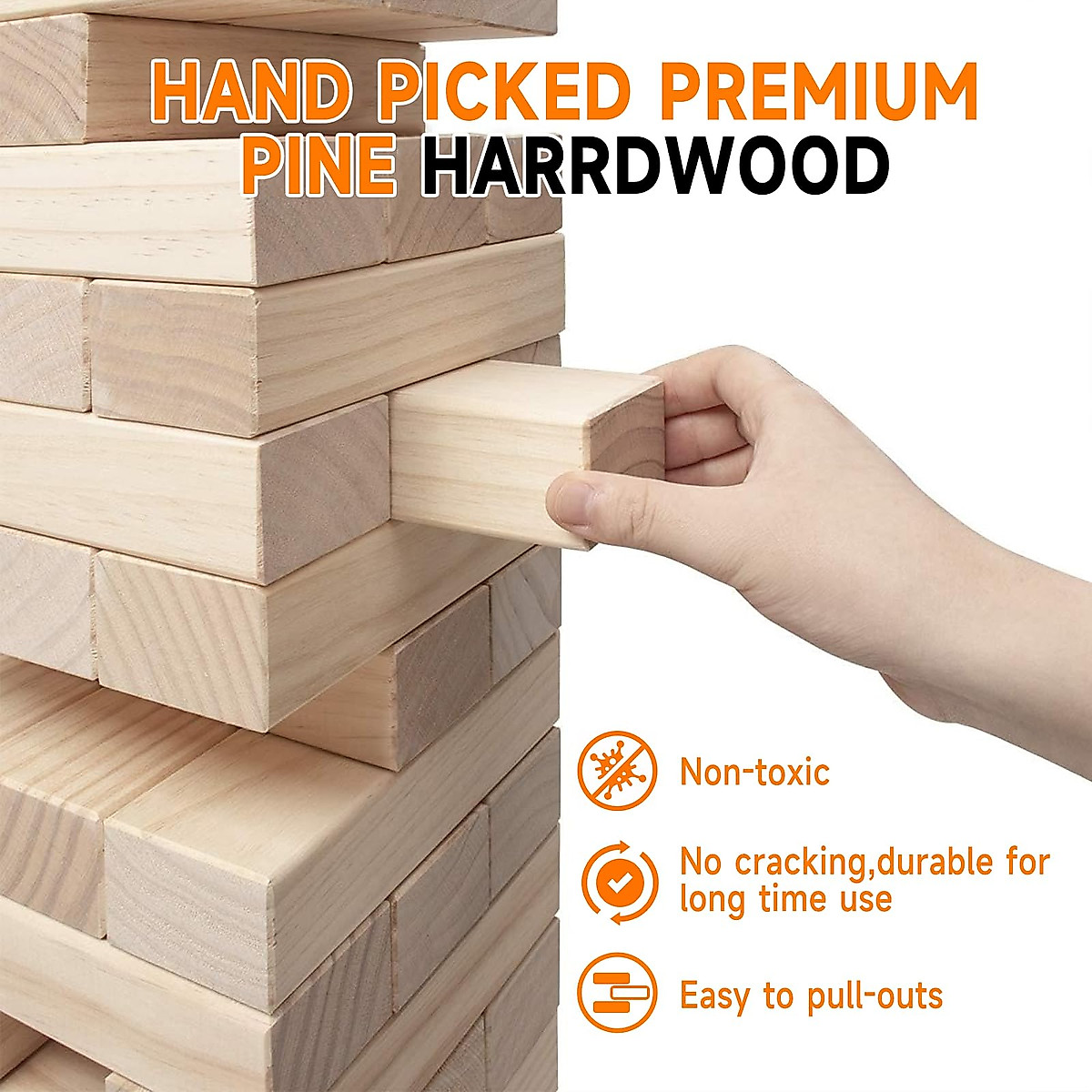 SHAREWIN Giant Tumbling Tower (Stack from 1.77Ft to 4+ Ft), Wood Stacking Giant Blocks Game| Made from Premium Pine Wood| Ideal for Family, 54PCS